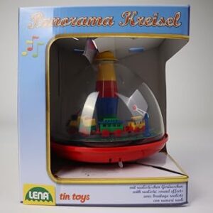 Lena 52120 tin Toys Panorama Ø19 cm, Plastic Humming, Classical Pump Mechanism, Musical Locomotive, Stand, Spinning top for Children from 18 Months, Colourful