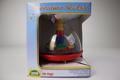 Lena 52120 tin Toys Panorama Ø19 cm, Plastic Humming, Classical Pump Mechanism, Musical Locomotive, Stand, Spinning top for Children from 18 Months, Colourful