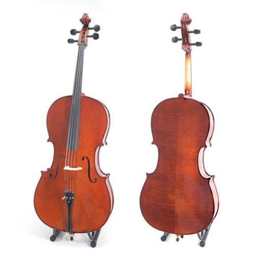 Cecilio CCO-500 Ebony Fitted Flamed Solid Wood Cello with Hard & Soft Case, Stand, Bow, Rosin, Bridge and Extra Set of Strings, Size 4/4 (Full Size)