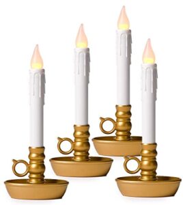 plow & hearth set of 4 aa battery operated window led candle lamps | auto timer | long lasting bulbs never need replacing | holiday lights | antique gold base | 9 1/2 h