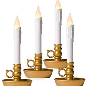 Plow & Hearth Set of 4 AA Battery Operated Window LED Candle Lamps | Auto Timer | Long Lasting Bulbs Never Need Replacing | Holiday Lights | Antique Gold Base | 9 1/2 H