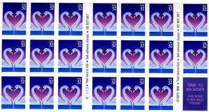 usps love swans forming heart (sheet of 20) 32 cent postage stamps 1997 scott #3123a