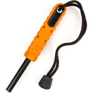 exotac - polystriker xl ferrocerium fire starter with snap-in striker for emergency campfires and hiking survival supplies (orange/black)