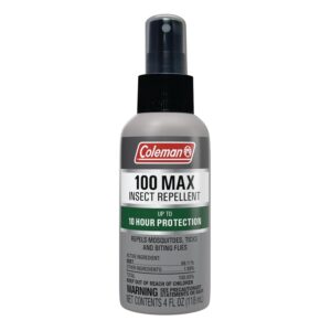 coleman insect repellent spray - 100% max deet insect repellent pump spray, protection against ticks, mosquitoes, chiggers, gnats, fleas and flies, ideal for camping, hiking, outdoor activities, 4oz