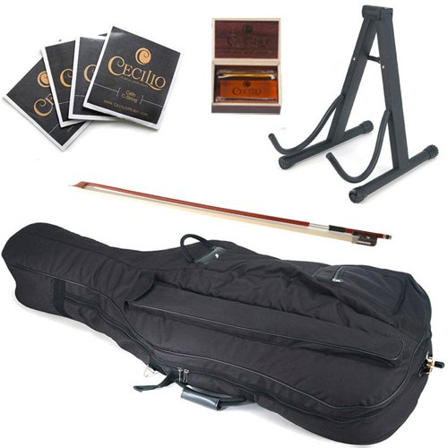 Cecilio CCO-500 Ebony Fitted Flamed Solid Wood Cello with Hard & Soft Case, Stand, Bow, Rosin, Bridge and Extra Set of Strings, Size 4/4 (Full Size)