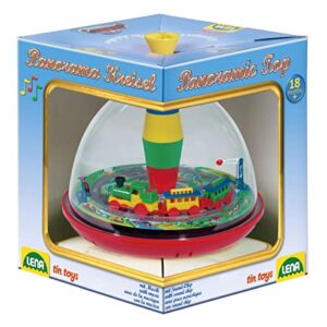 Lena 52120 tin Toys Panorama Ø19 cm, Plastic Humming, Classical Pump Mechanism, Musical Locomotive, Stand, Spinning top for Children from 18 Months, Colourful