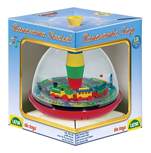 Lena 52120 tin Toys Panorama Ø19 cm, Plastic Humming, Classical Pump Mechanism, Musical Locomotive, Stand, Spinning top for Children from 18 Months, Colourful