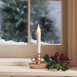 Plow & Hearth Set of 4 AA Battery Operated Window LED Candle Lamps | Auto Timer | Long Lasting Bulbs Never Need Replacing | Holiday Lights | Antique Gold Base | 9 1/2 H