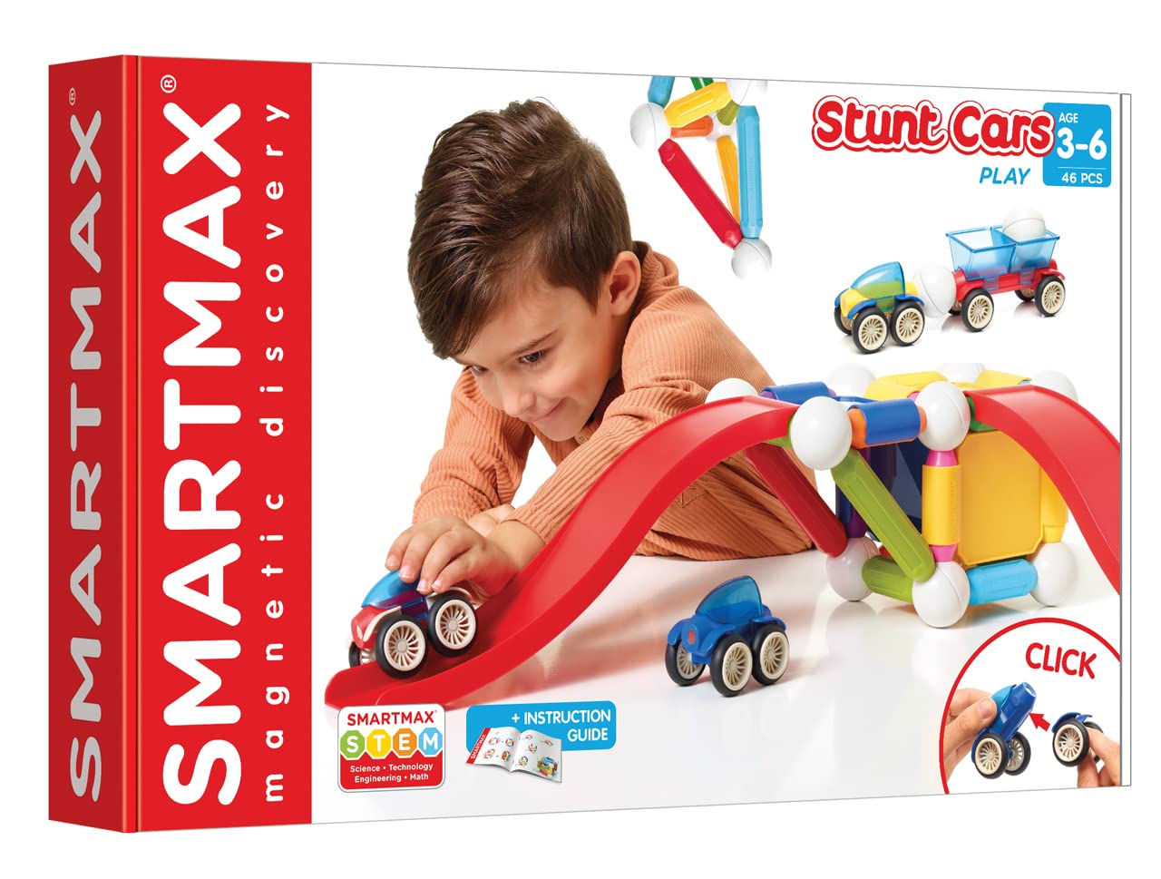 SmartMax Stunt Cars (Basic Stunt) STEM Magnetic Discovery Building Set with Moving Vehicles Featuring Safe, Extra-Strong, Oversized Building Pieces for Ages 3+