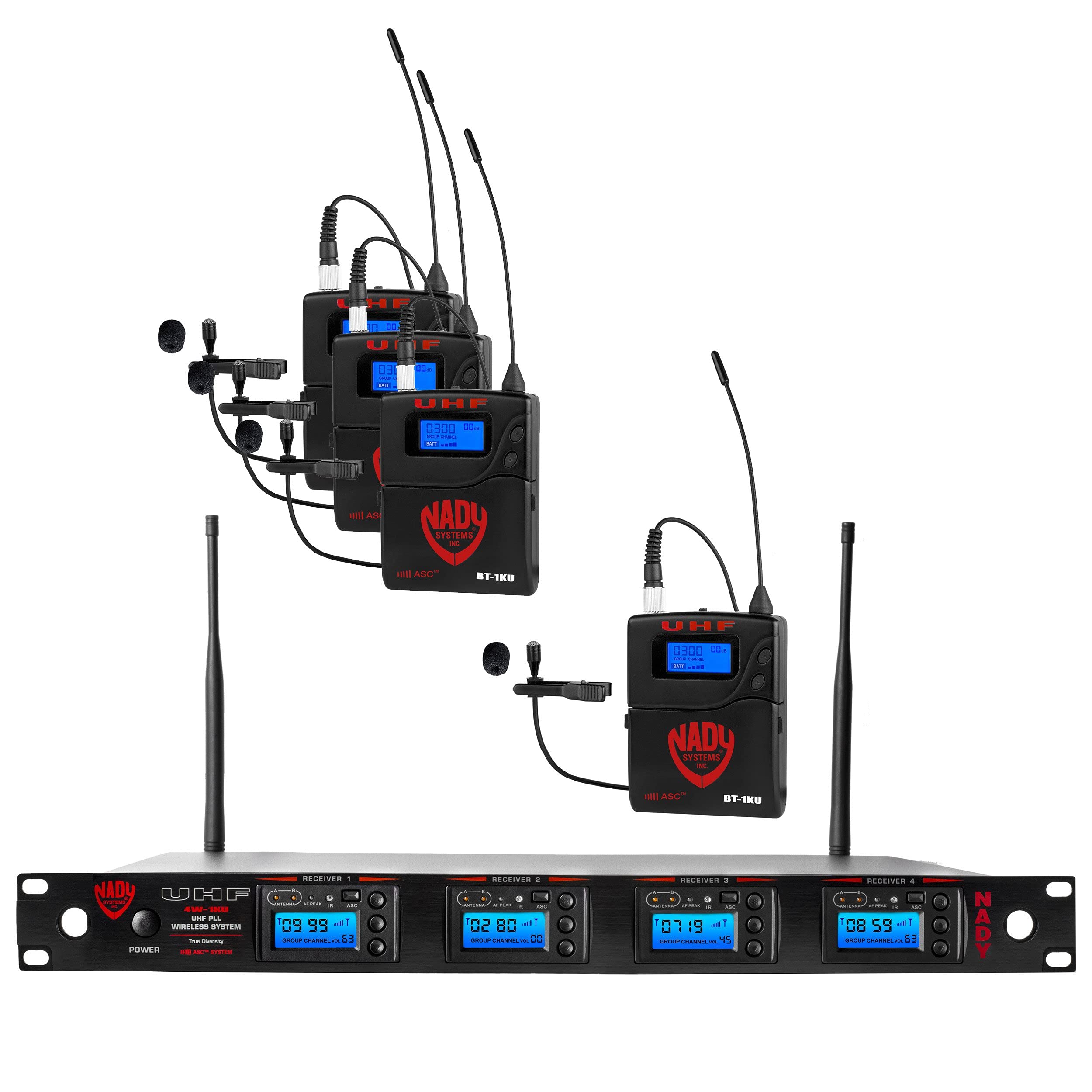 Nady 4W-1KU LT Quad True Diversity 1000-Channel Professional UHF Wireless System with 4 Lapel/lavalier Microphones – AutoScan – Automatic Transmitter Pairing – True Diversity – All Metal Construction