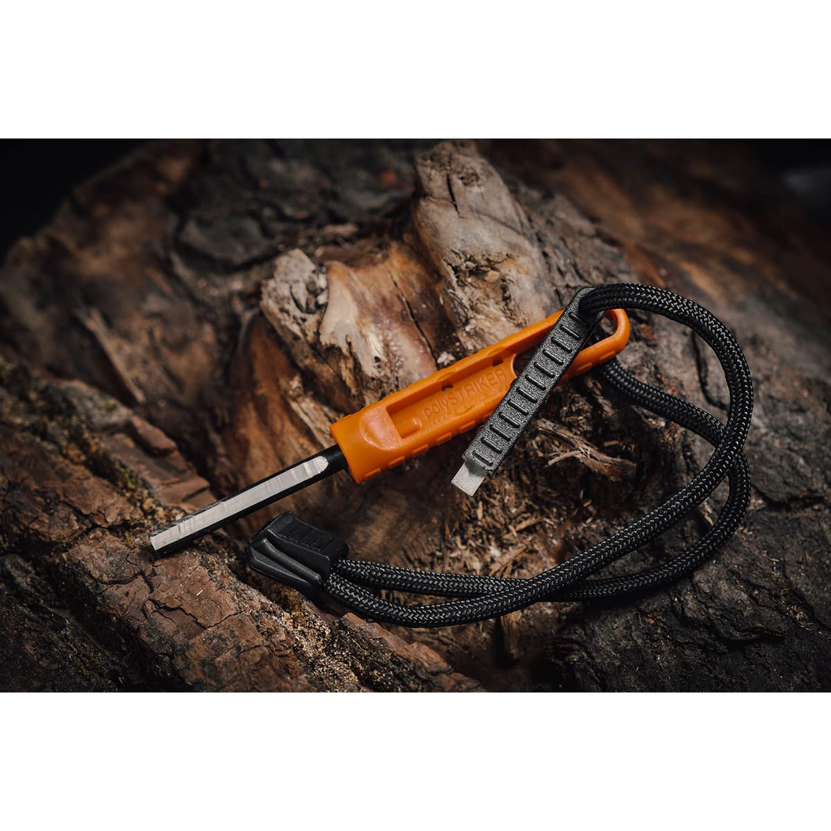 EXOTAC - polySTRIKER Lightweight Ferrocerium Fire Starter with Snap-in Striker for Emergency Kits, Campfires, Hiking, and Survival Supplies (Orange-Black)