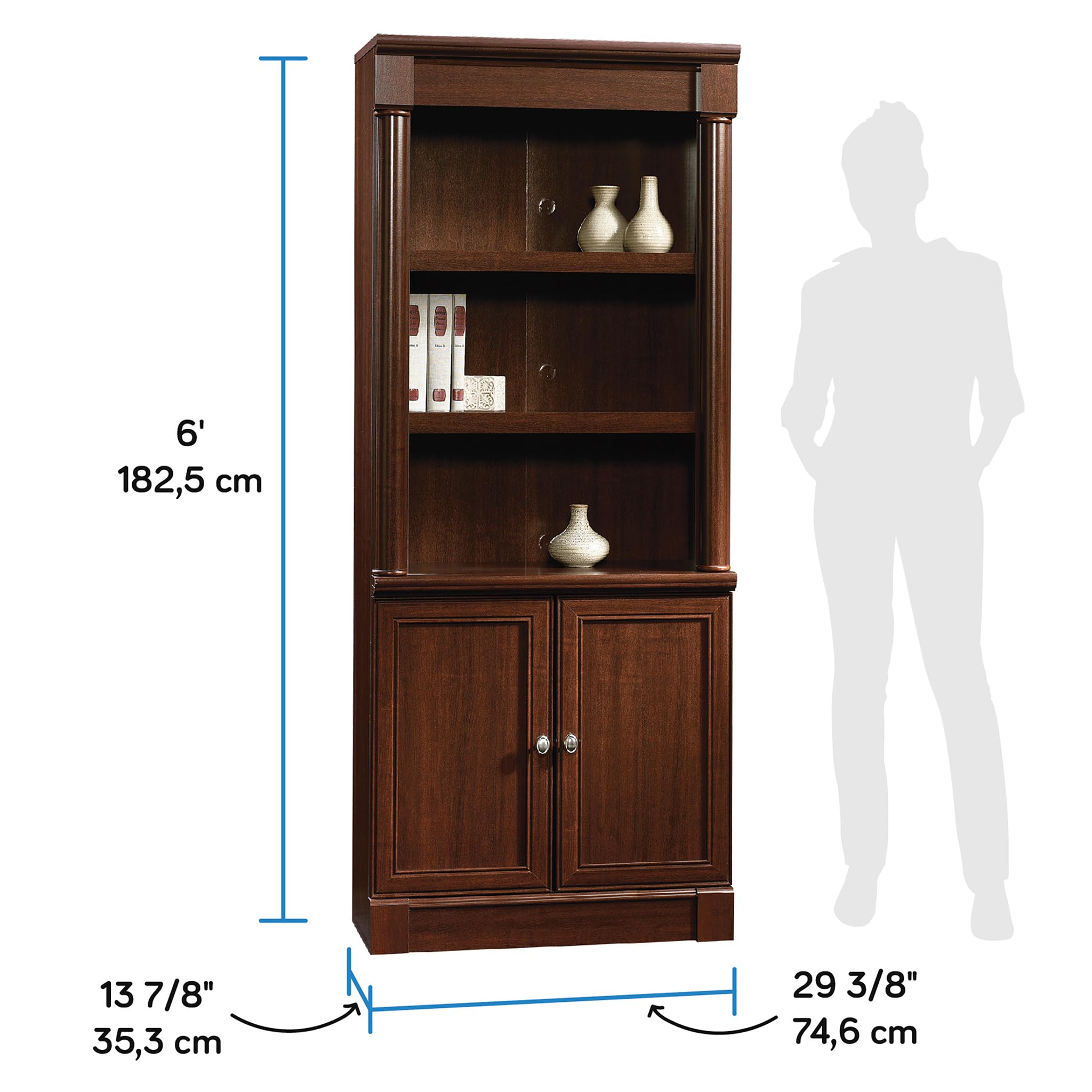 Sauder Palladia Book Shelf, Bookshelf with Storage, Library Bookcase with Doors and Adjustable Shelves, L: 29.37" x W: 13.90" x H: 71.85", Select Cherry