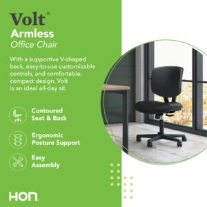 HON Volt Armless Desk Chair Small Office Chair No Arms Leather Task Chair - Ergonomic Office Chair Adjustable Synchro-Tilt Recline - Home Office Desk Chair with Wheels, Rolling Swivel Chair - Black