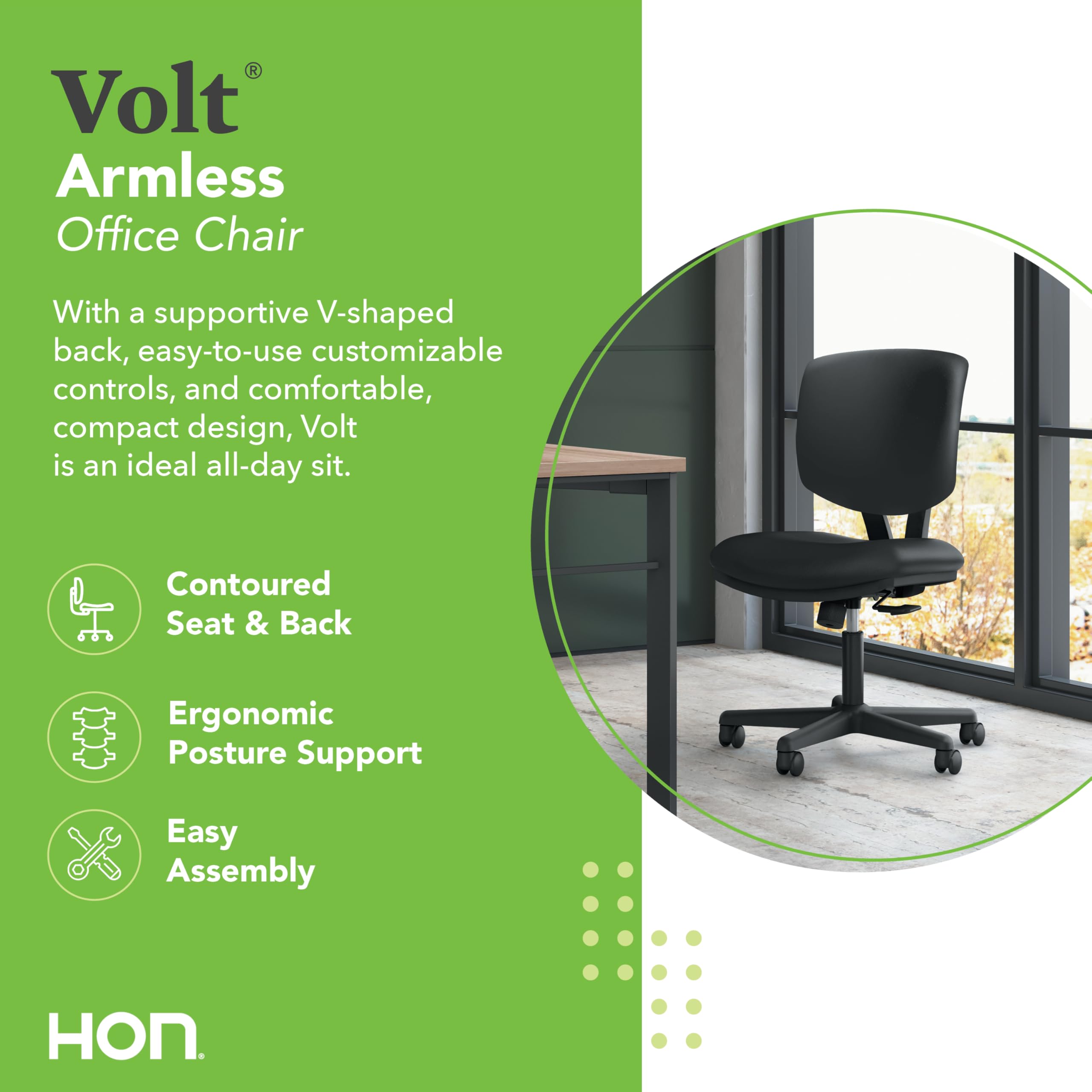 HON Volt Armless Desk Chair Small Office Chair No Arms Leather Task Chair - Ergonomic Office Chair Adjustable Synchro-Tilt Recline - Home Office Desk Chair with Wheels, Rolling Swivel Chair - Black