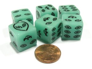 set of 6 alien ufo 16mm d6 koplow games dice - green with black etches