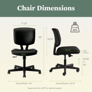 HON Volt Armless Desk Chair Small Office Chair No Arms Leather Task Chair - Ergonomic Office Chair Adjustable Synchro-Tilt Recline - Home Office Desk Chair with Wheels, Rolling Swivel Chair - Black