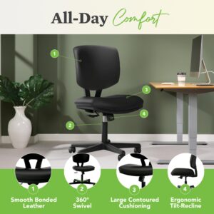 HON Volt Armless Desk Chair Small Office Chair No Arms Leather Task Chair - Ergonomic Office Chair Adjustable Synchro-Tilt Recline - Home Office Desk Chair with Wheels, Rolling Swivel Chair - Black