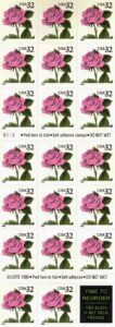 usps 1995 pink rose full booklet pane of 20 x 32 cent postage stamps scott 2492a