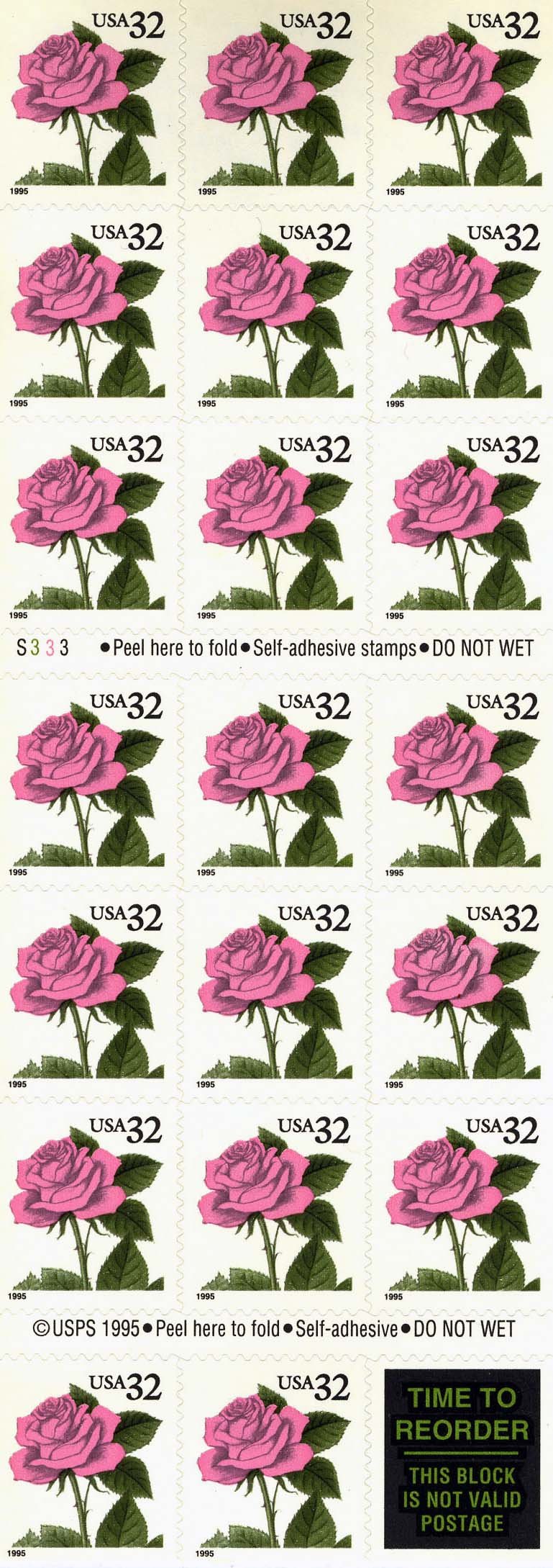 USPS 1995 Pink Rose Full Booklet Pane of 20 x 32 Cent Postage Stamps Scott 2492a