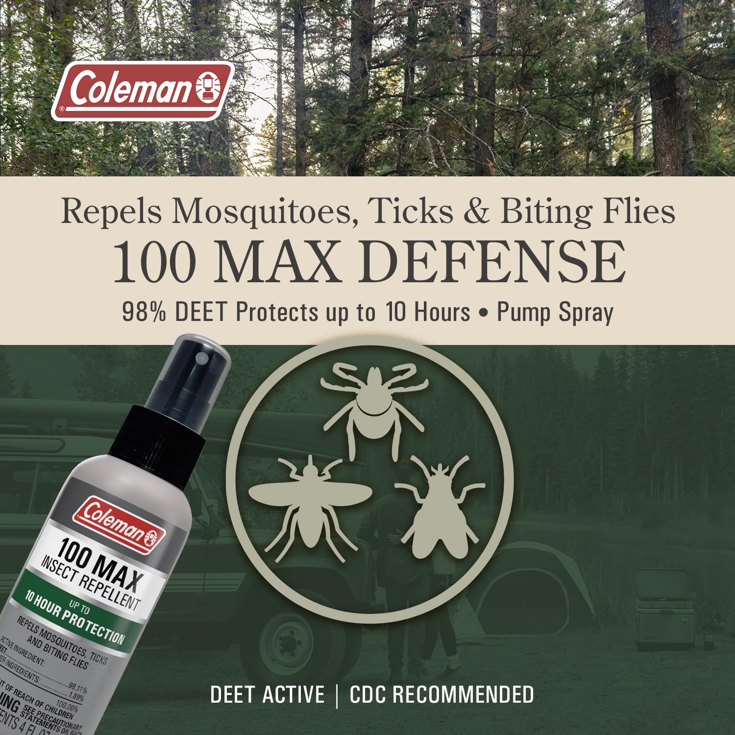 Coleman Insect Repellent Spray - 100% MAX DEET Insect Repellent Pump Spray, Protection Against Ticks, Mosquitoes, chiggers, gnats, Fleas and Flies, Ideal for Camping, Hiking, Outdoor Activities, 4oz