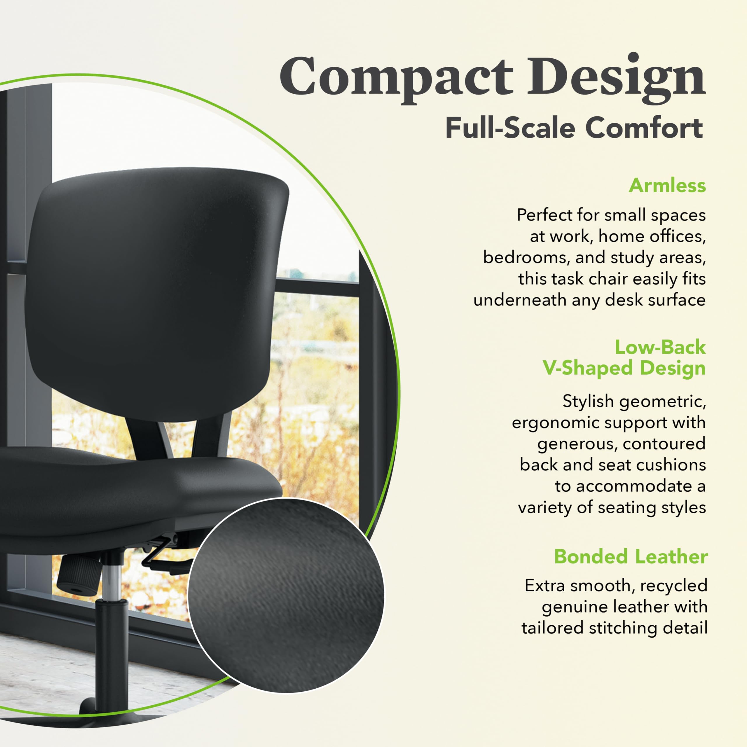 HON Volt Armless Desk Chair Small Office Chair No Arms Leather Task Chair - Ergonomic Office Chair Adjustable Synchro-Tilt Recline - Home Office Desk Chair with Wheels, Rolling Swivel Chair - Black