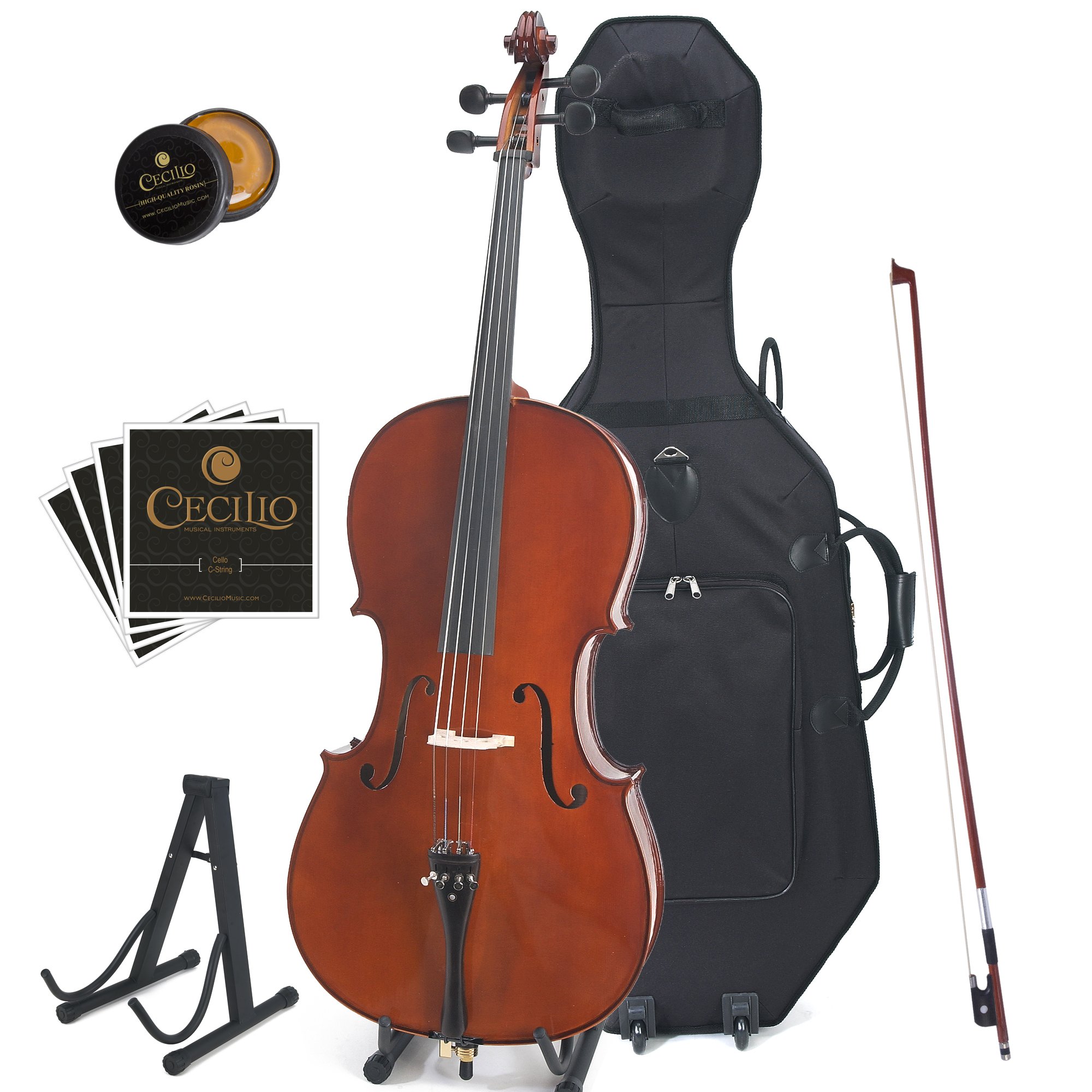 Cecilio CCO-500 Ebony Fitted Flamed Solid Wood Cello with Hard & Soft Case, Stand, Bow, Rosin, Bridge and Extra Set of Strings, Size 4/4 (Full Size)