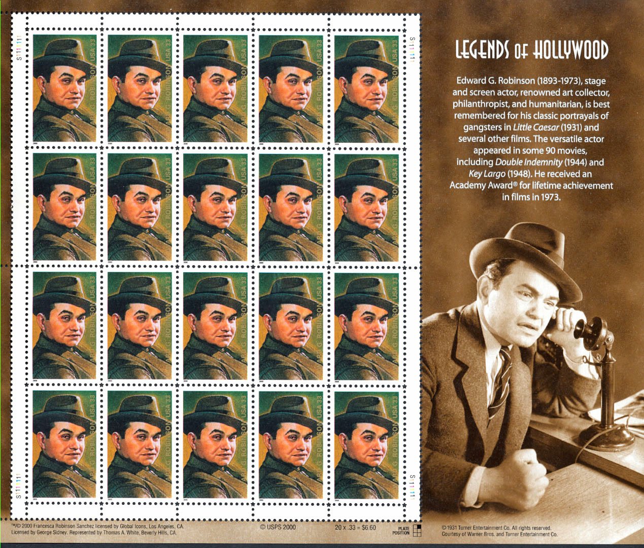 Edward G. Robinson Legends of Hollywood Collectible Stamp Sheet of 20 33¢ Stamps Scott 3446