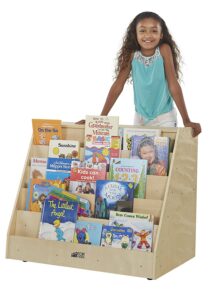 ecr4kids double-sided mobile book display with storage, classroom bookshelf, natural