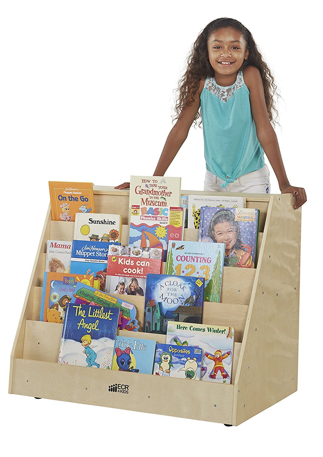 ECR4Kids Double-Sided Mobile Book Display with Storage, Classroom Bookshelf, Natural