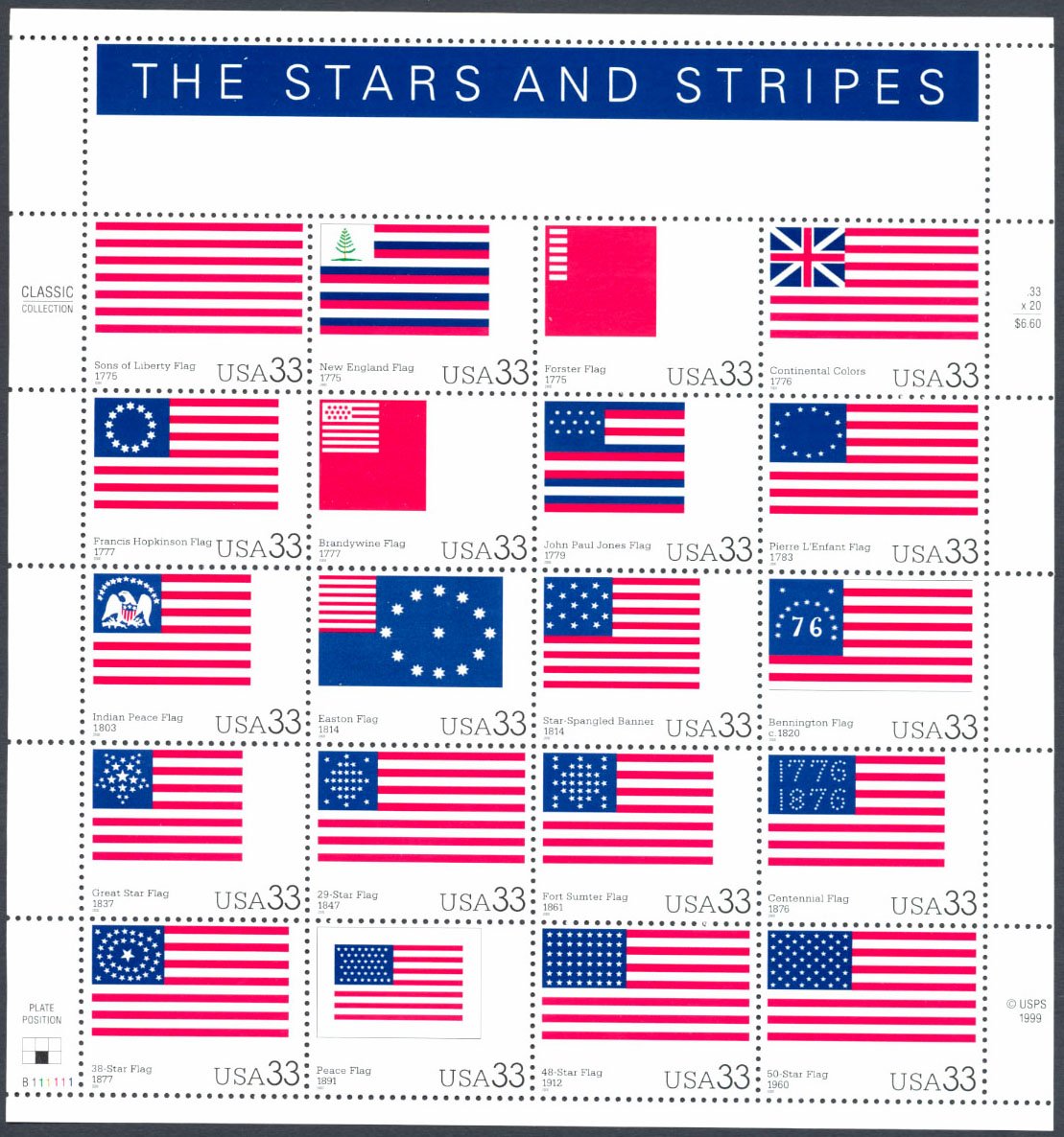 Stars and Stripes American Flags Collectible Stamp Sheet of 20 33¢ Stamps Scott 3403a