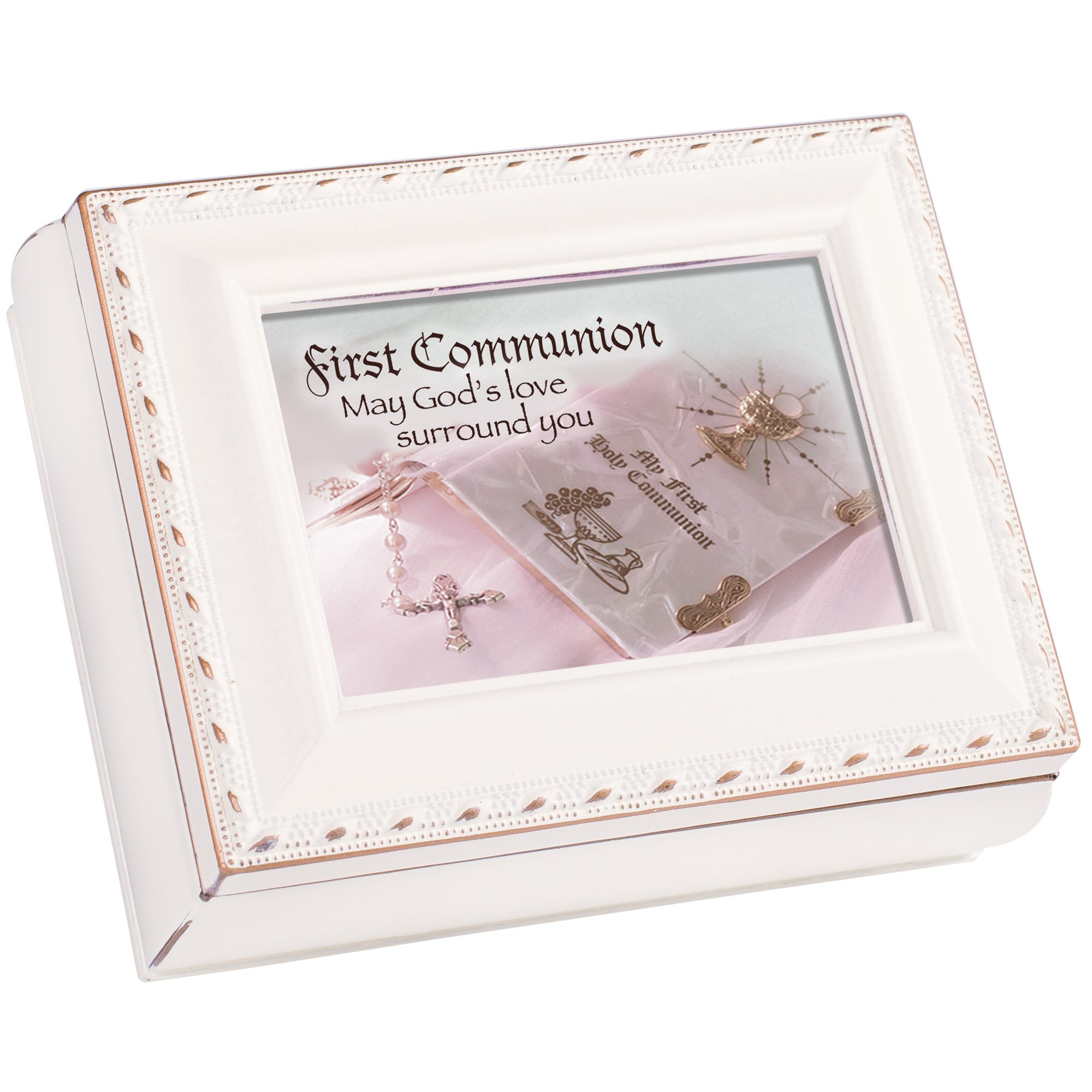 Cottage Garden First Communion Ivory Rope Trim 4.5 x 3.5 Tiny Square Jewelry Keepsake Box