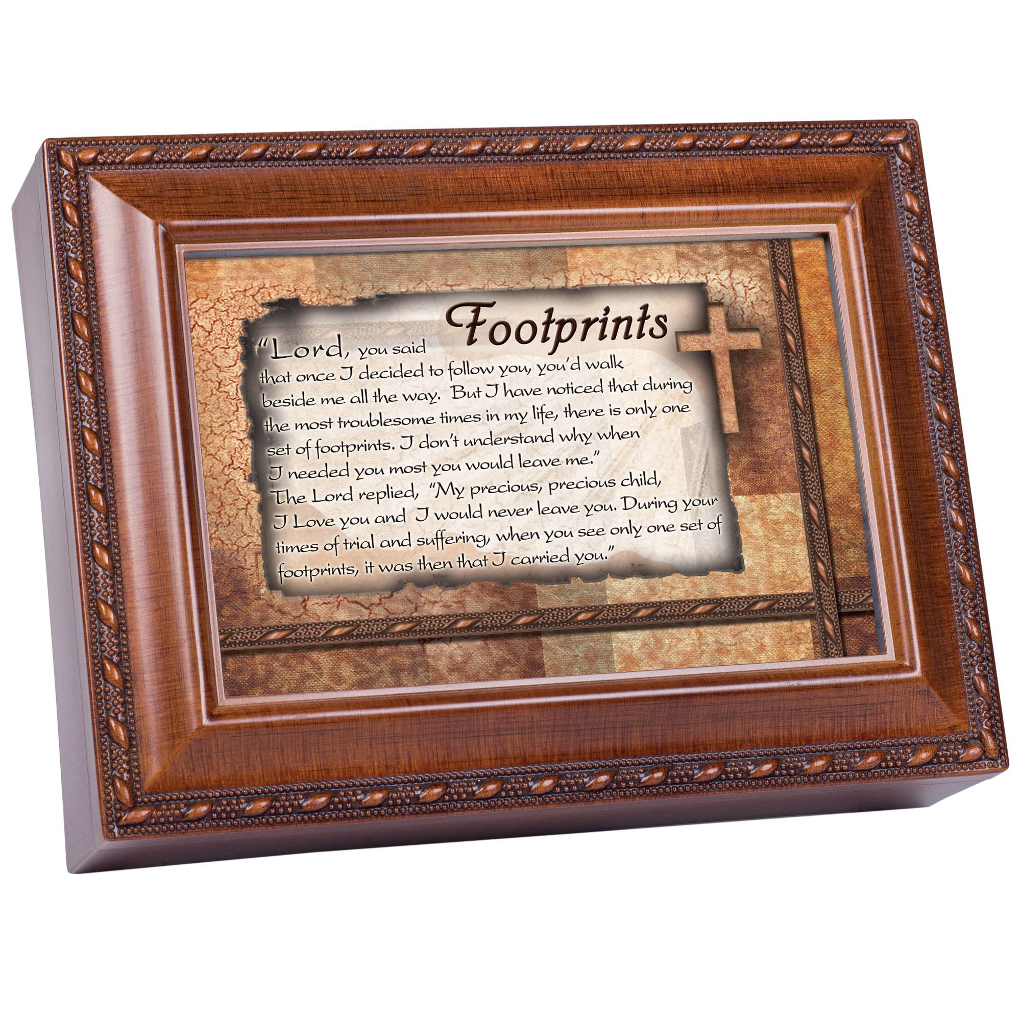 Cottage Garden Footprints Inspirational Woodgrain Rope Trim Music Box Plays Amazing Grace