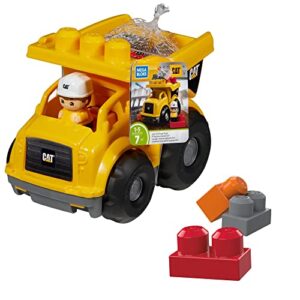 mega bloks cat toddler blocks building toy set, lil’ dump truck with 7 pieces and storage, 1 figure, yellow, ages 1+ years