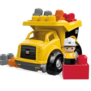 MEGA BLOKS Cat Toddler Blocks Building Toy Set, Lil’ Dump Truck with 7 Pieces and Storage, 1 Figure, Yellow, Ages 1+ Years