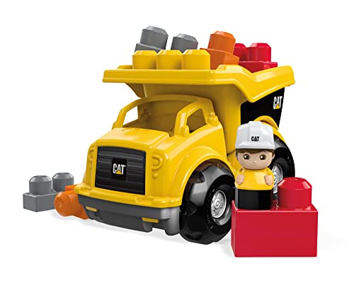 MEGA BLOKS Cat Toddler Blocks Building Toy Set, Lil’ Dump Truck with 7 Pieces and Storage, 1 Figure, Yellow, Ages 1+ Years