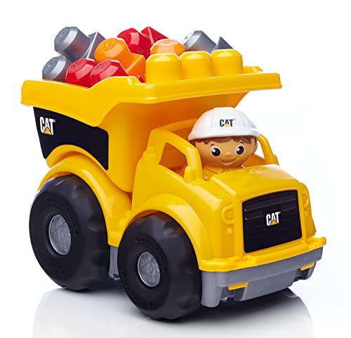 MEGA BLOKS Cat Toddler Blocks Building Toy Set, Lil’ Dump Truck with 7 Pieces and Storage, 1 Figure, Yellow, Ages 1+ Years