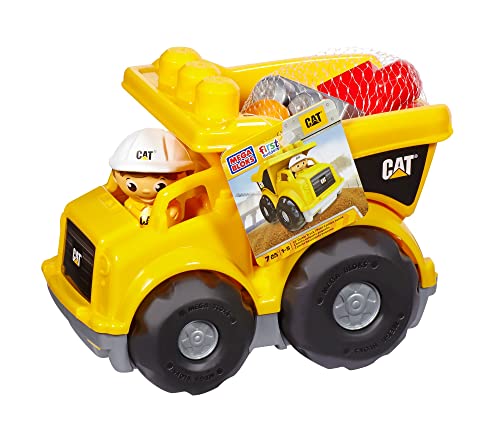 MEGA BLOKS Cat Toddler Blocks Building Toy Set, Lil’ Dump Truck with 7 Pieces and Storage, 1 Figure, Yellow, Ages 1+ Years