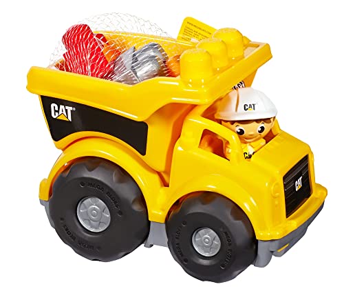 MEGA BLOKS Cat Toddler Blocks Building Toy Set, Lil’ Dump Truck with 7 Pieces and Storage, 1 Figure, Yellow, Ages 1+ Years