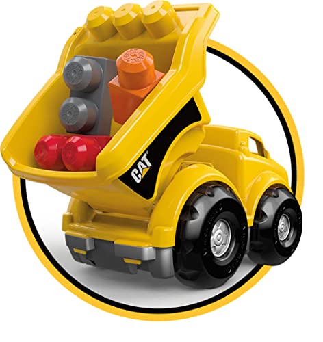 MEGA BLOKS Cat Toddler Blocks Building Toy Set, Lil’ Dump Truck with 7 Pieces and Storage, 1 Figure, Yellow, Ages 1+ Years