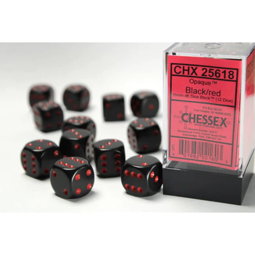 Chessex DND Dice Set D&D Dice-16mm Opaque Black and Red Plastic Polyhedral Dice Set-Dungeons and Dragons Dice Includes 12 Dice – D6 (CHX25618)