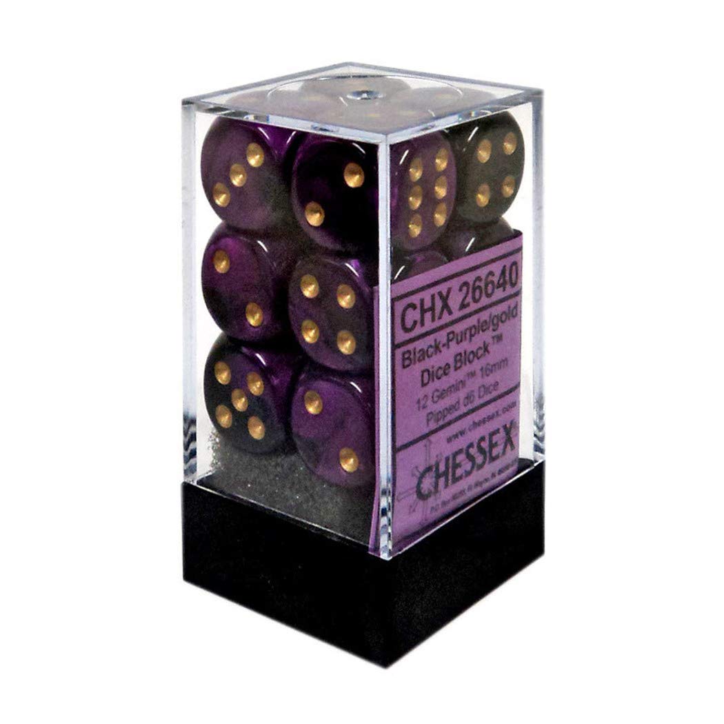 Chessex DND Dice Set D&D Dice-16mm Gemini Black, Purple, and Gold Plastic Polyhedral Dice Set-Dungeons and Dragons Dice Includes 12 Dice – D6, Various, One Size (CHX26640)