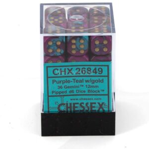 Chessex Dice D6 Sets: Gemini Purple & Teal with Gold - 12Mm Six Sided Die (36) Block of Dice