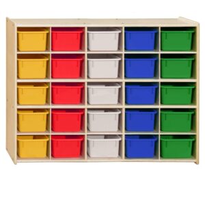 contender 25 cubbies storage cabinet with assorted color trays, kids toys, art and craft shelving unit, hardwood shelf for kindergarten, homeschool, office