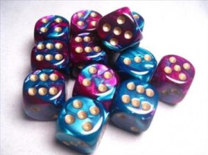 chessex dice d6 sets: gemini purple & teal with gold - 16mm six sided die (12) block of dice