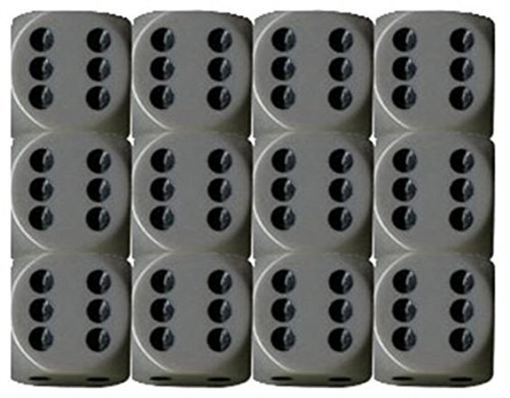 Chessex Dice d6 Sets: Opaque Grey / Gray with Black - 16mm Six Sided Die (12) Block of Dice