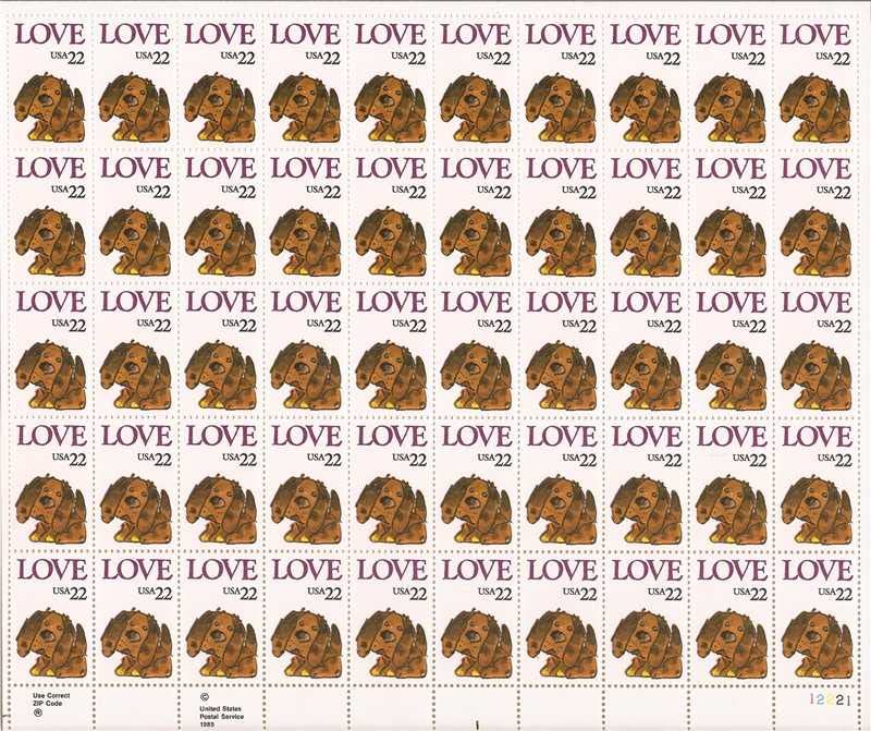 Love Dog Sheet of 50 x 22 Cent US Postage Stamps Scott 2202 By USPS