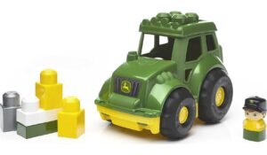 mega bloks john deere toddler building blocks toy set, lil’ tractor with 6 pieces and storage, 1 figure, green , ages 1+ years