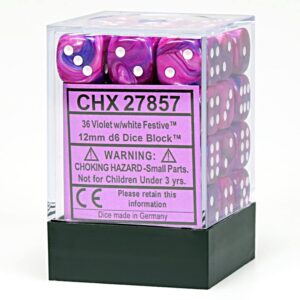 chessex dnd dice set-chessex d&d dice-12mm festive violet and white plastic polyhedral dice set-dungeons and dragons dice ludes 36 dice – d6, various (chx27857)