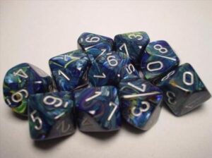 chessex dice sets: festive green with silver (blue-green) - ten sided die d10 set (10)