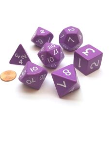 purple jumbo size 7 pc polyhedral dice set d4, d6, d8, 2xd10, d12, d20